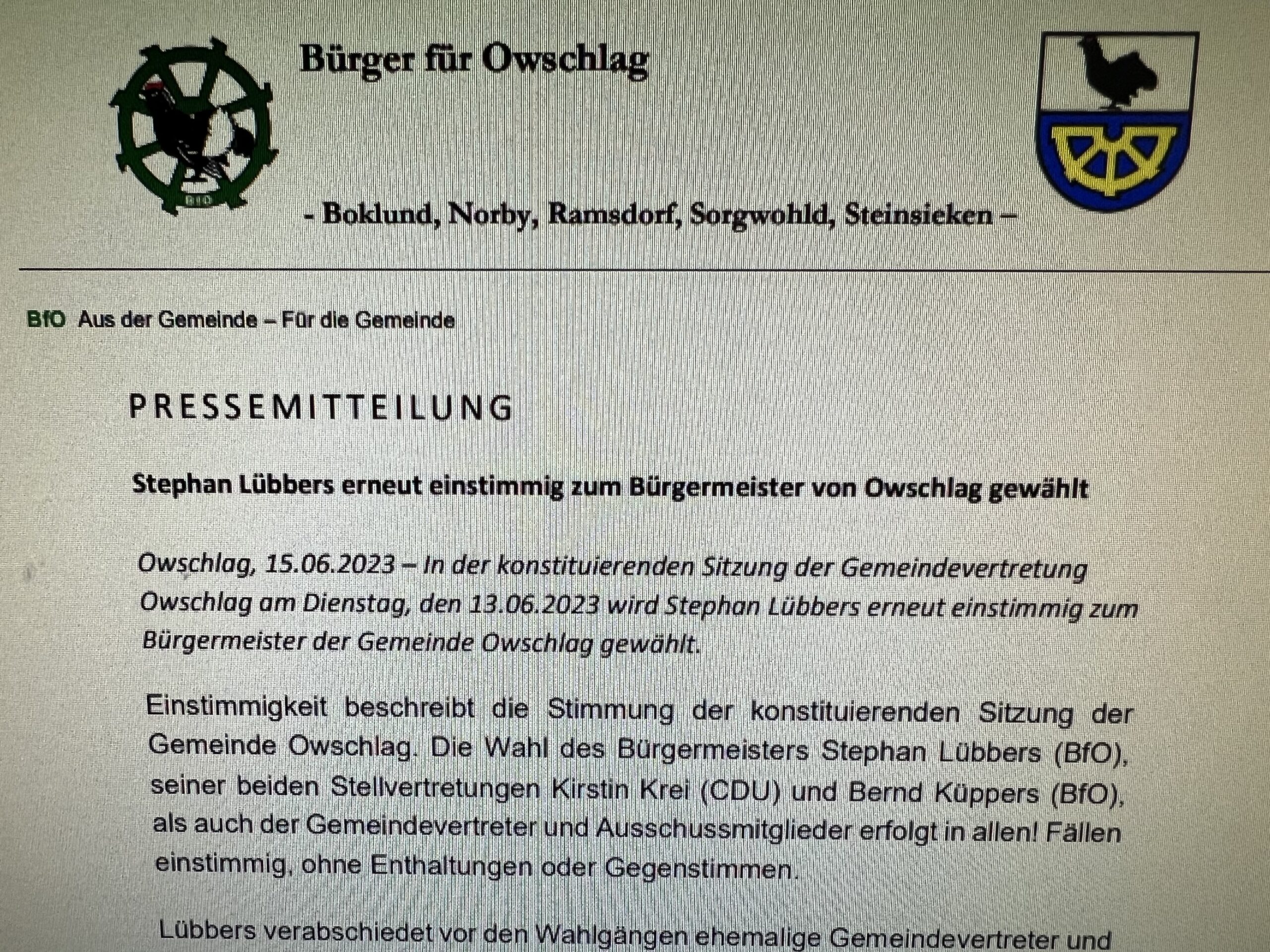 Stephan Lübbers erneut einstimmig zum Bürgermeister der Gemeinde ...